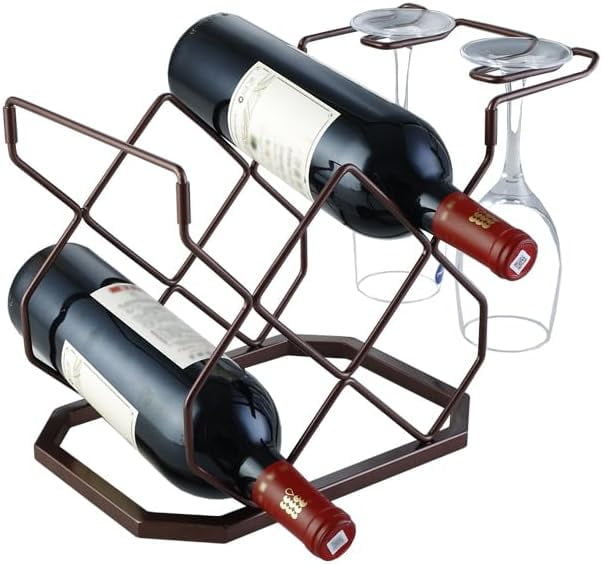 5 Bottles Countertop Small Wine Rack with Glass Shelf, Antique Copper ...