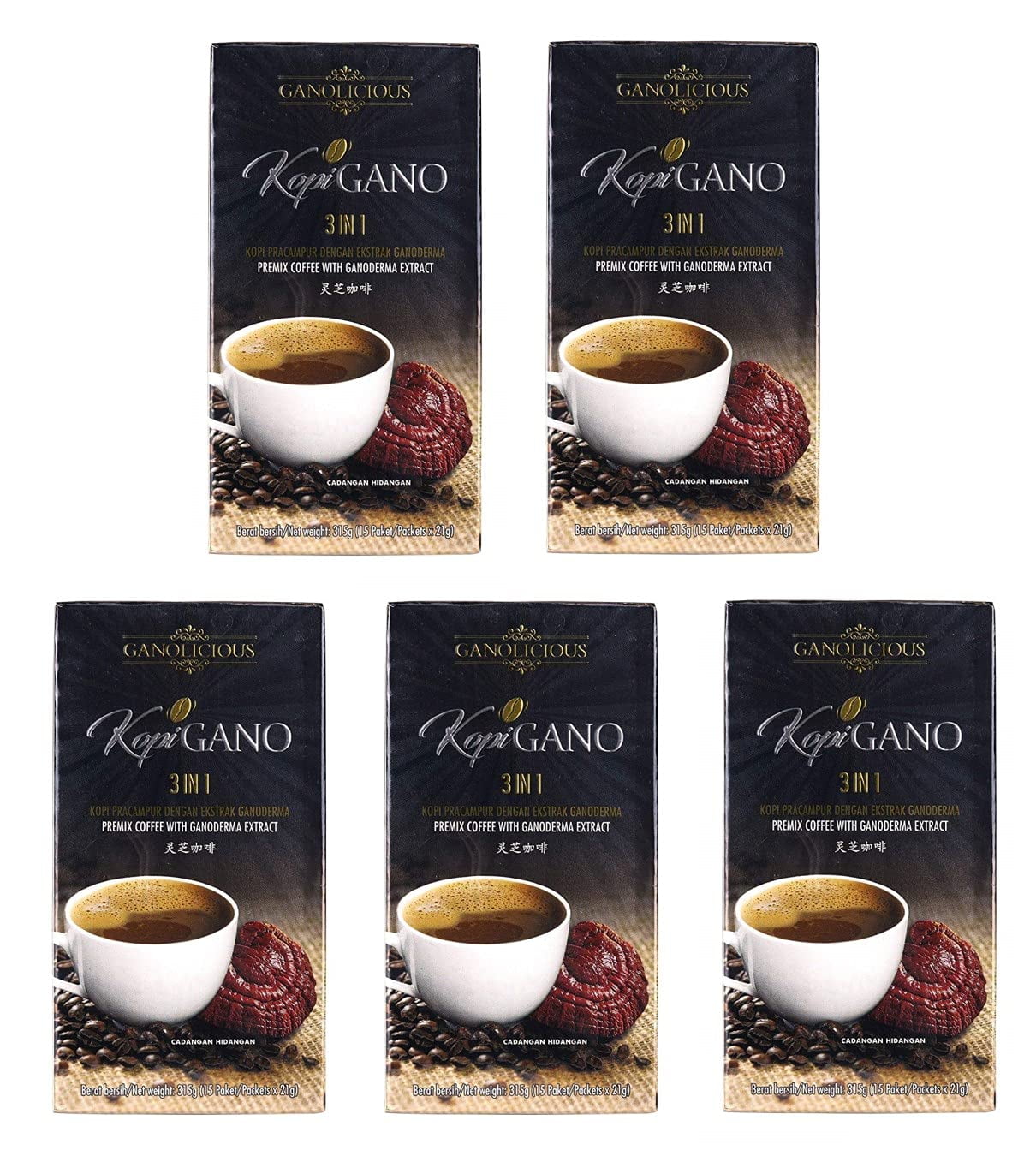 5 Boxes Gano Cafe 3-in-1 Coffee 74.1oz., 100 sachets, (Enriched with ...