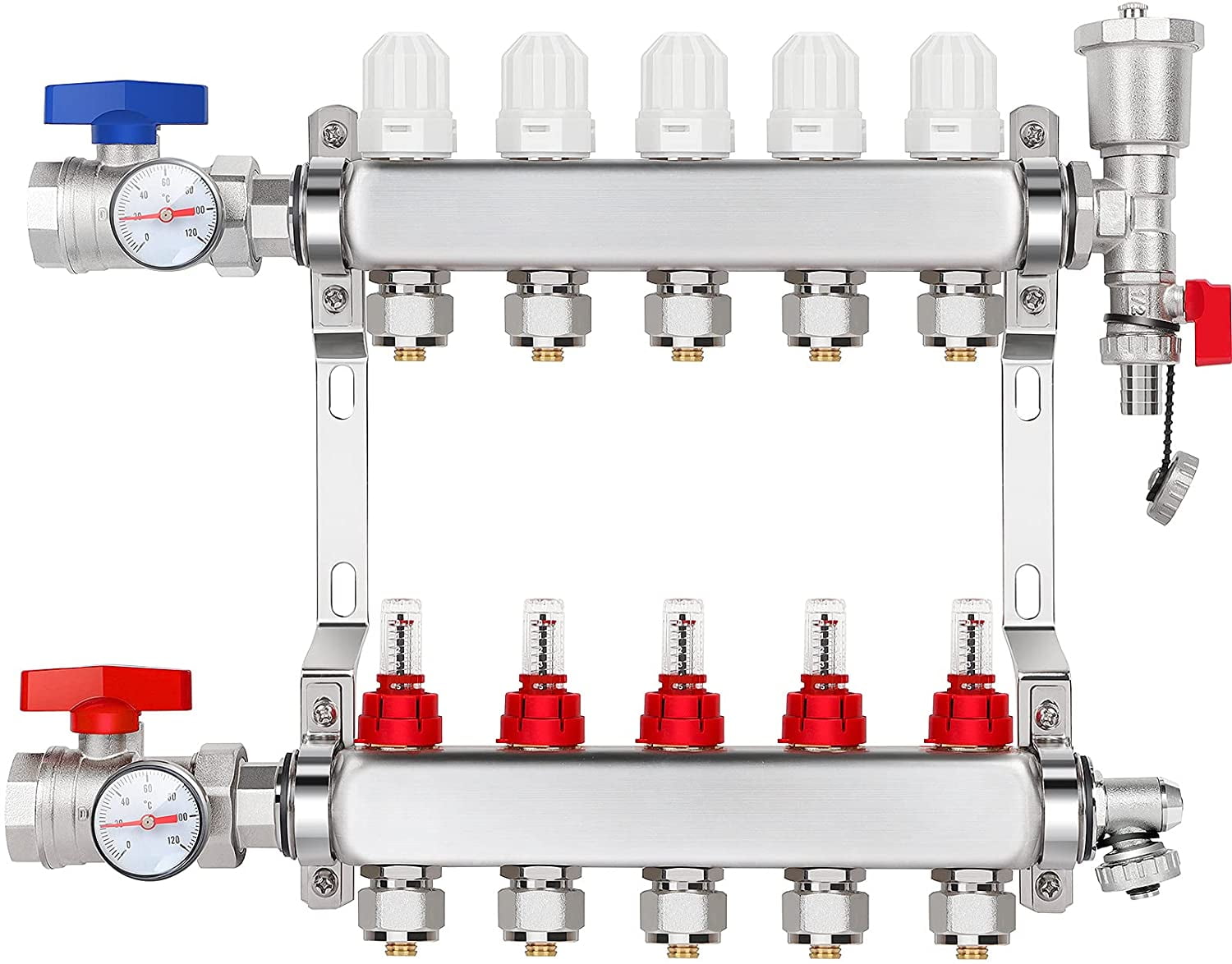 5-Branch Radiant Floor Heating Pex Manifold With Stainless Steel For 1/ ...