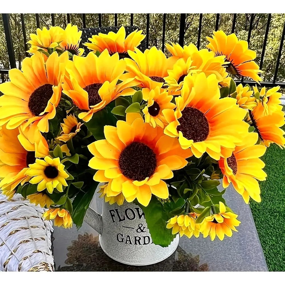 5 Bundles Artificial Sunflower Bouquets, 13 Stems Each, Realistic Silk ...