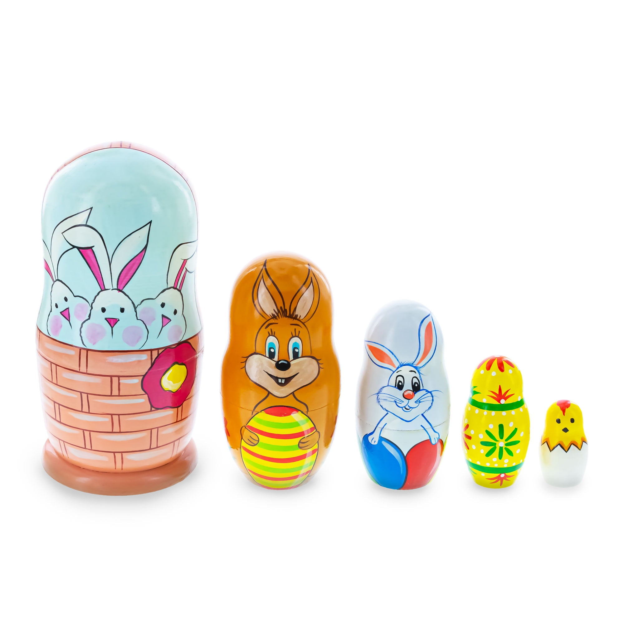 5 Bunnies, Chick with Easter Eggs Wicker Basket Wooden Nesting Dolls 6 ...