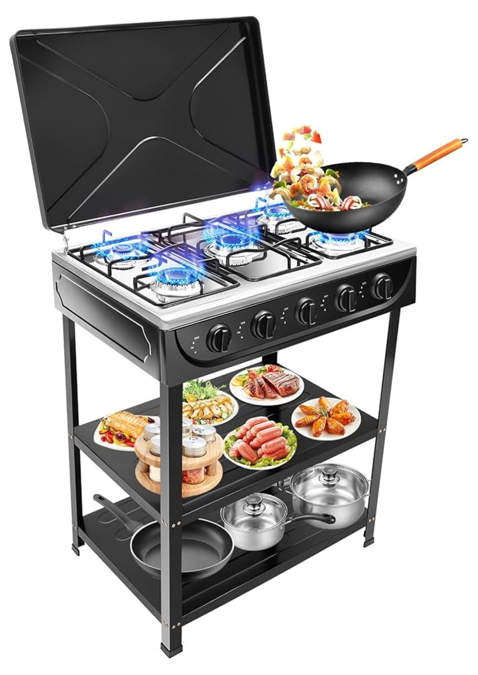 5 Burner Natural Gas Stove with Wind Blocking Cover and 2 Placement ...