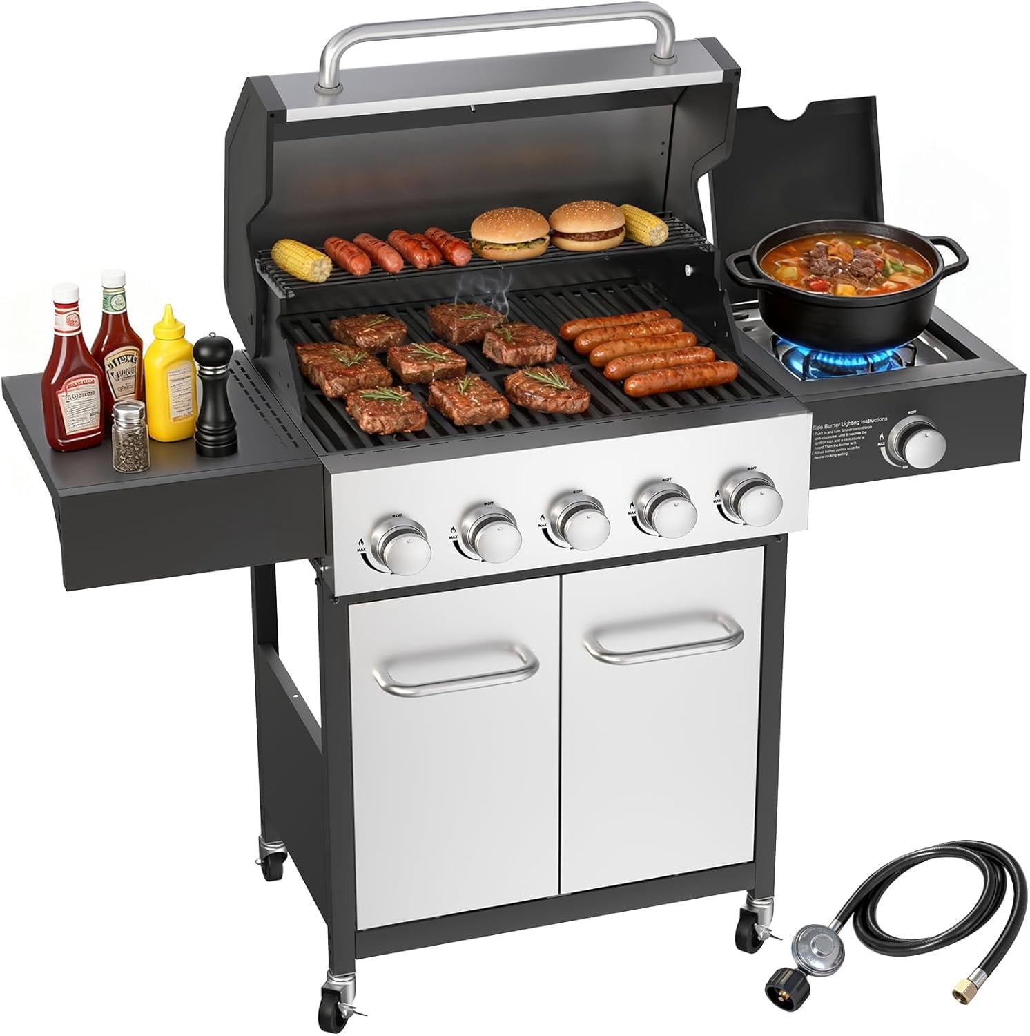 5 Burner Propane Gas Grill with Side Burner & Porcelain-Enameled Cast ...