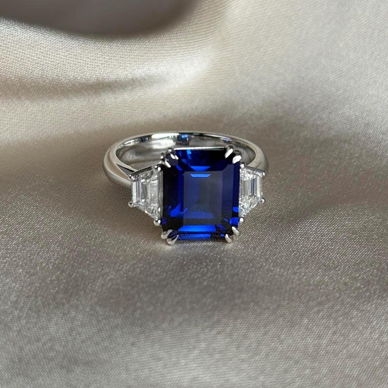 5 Carat Emerald Cut Blue Sapphire Engagement Ring Three Stone Natural ...
