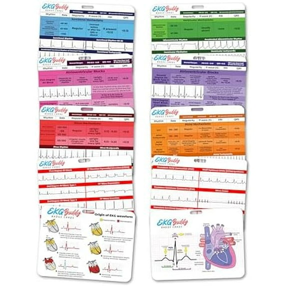 5 Card EKG Interpretation Badge Set - Doubled Sided Nurse ECG Cards ...