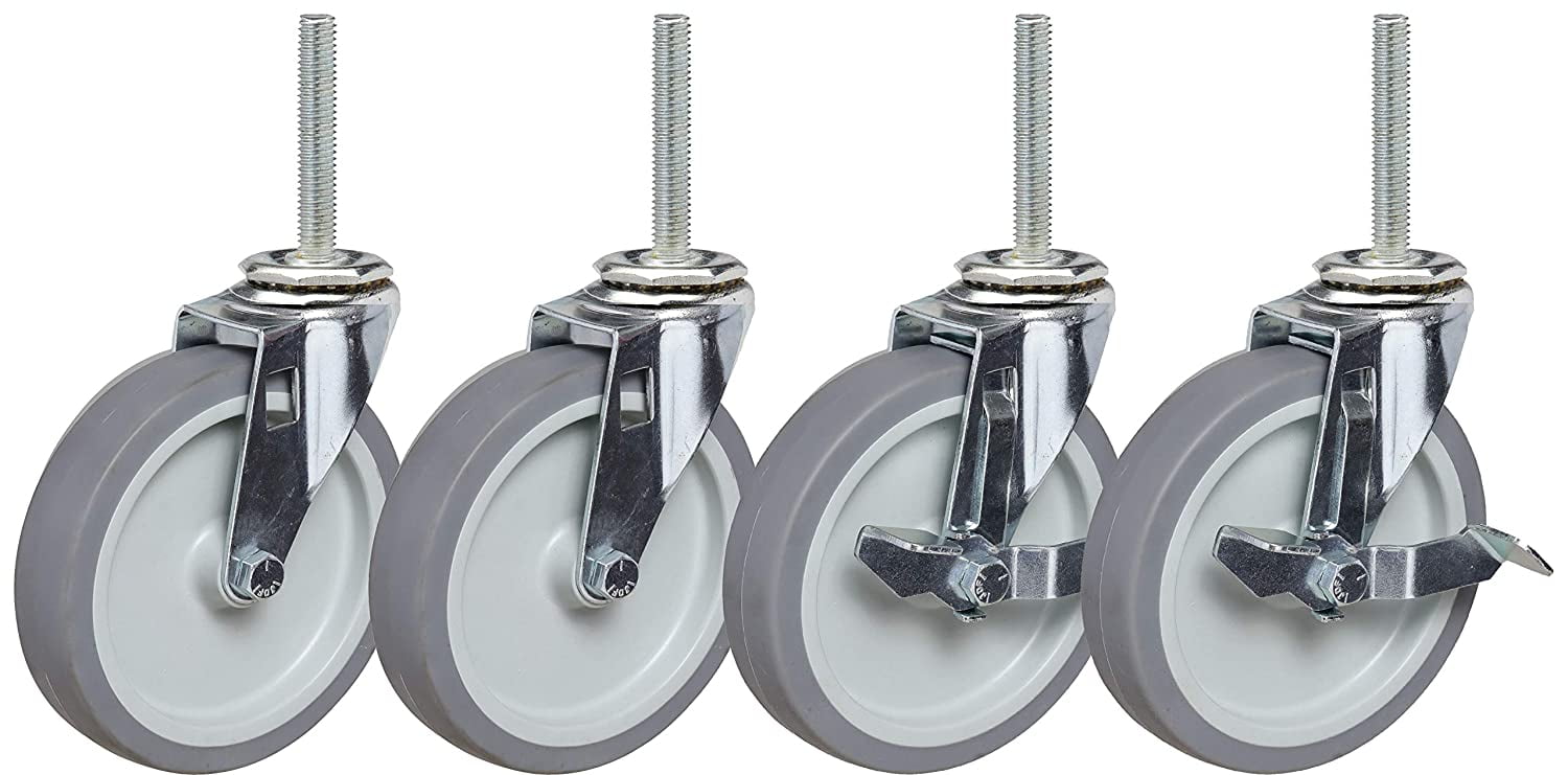 5" Caster Set of Four | 1/2-13x2-3/4 Threaded Stem Mount with Brakes ...