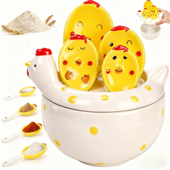 5 Ceramic Measuring Spoons With Holder Chicken Teaspoon Set In Pot Cute ...