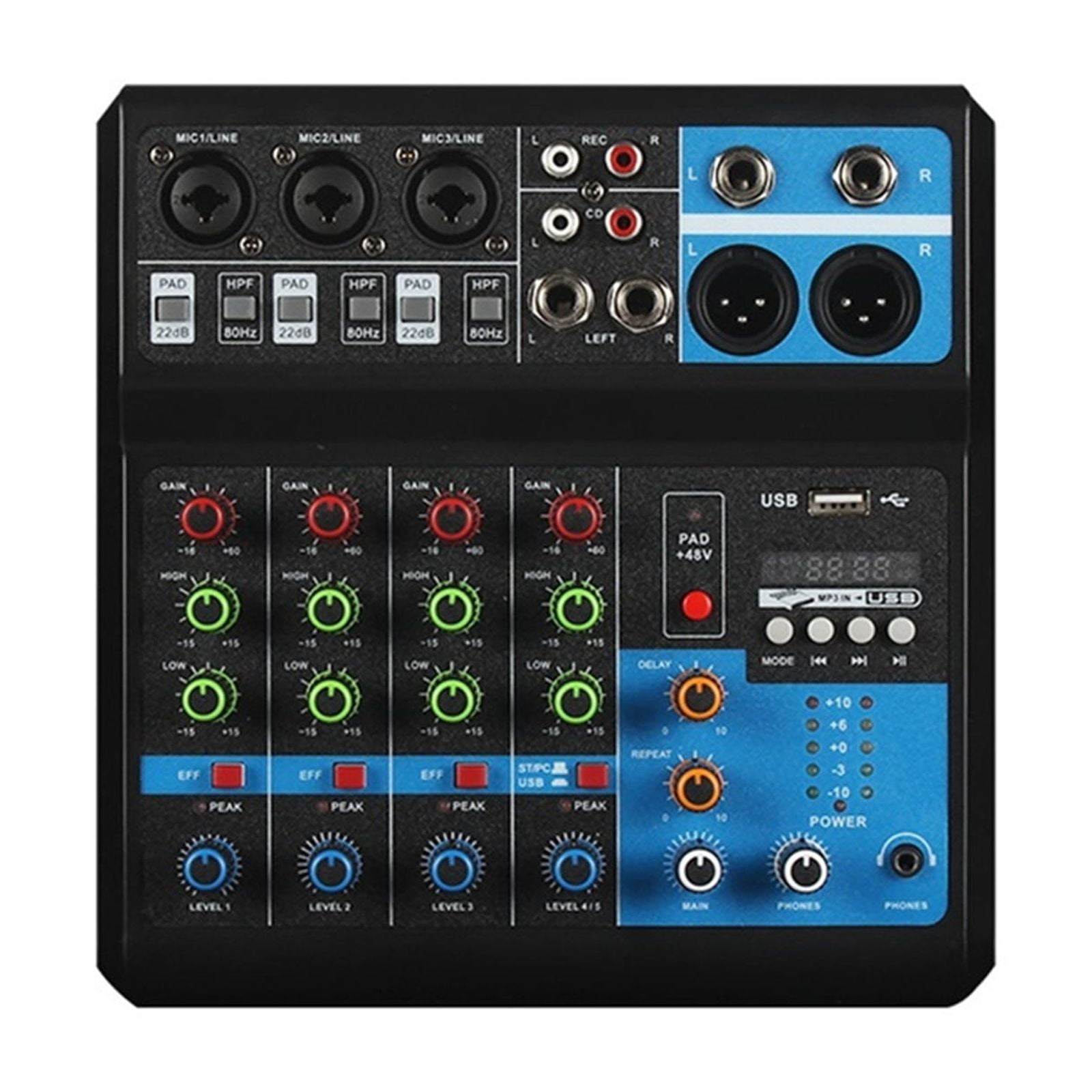 5-Channel Portable Professional DJ Mixer Built-in 48v Phantom Power USB ...