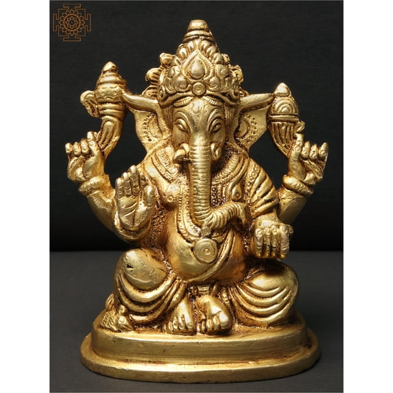 5" Chaturbhuja Lord Ganapati Brass Statue - Four-Armed Ganesha ...