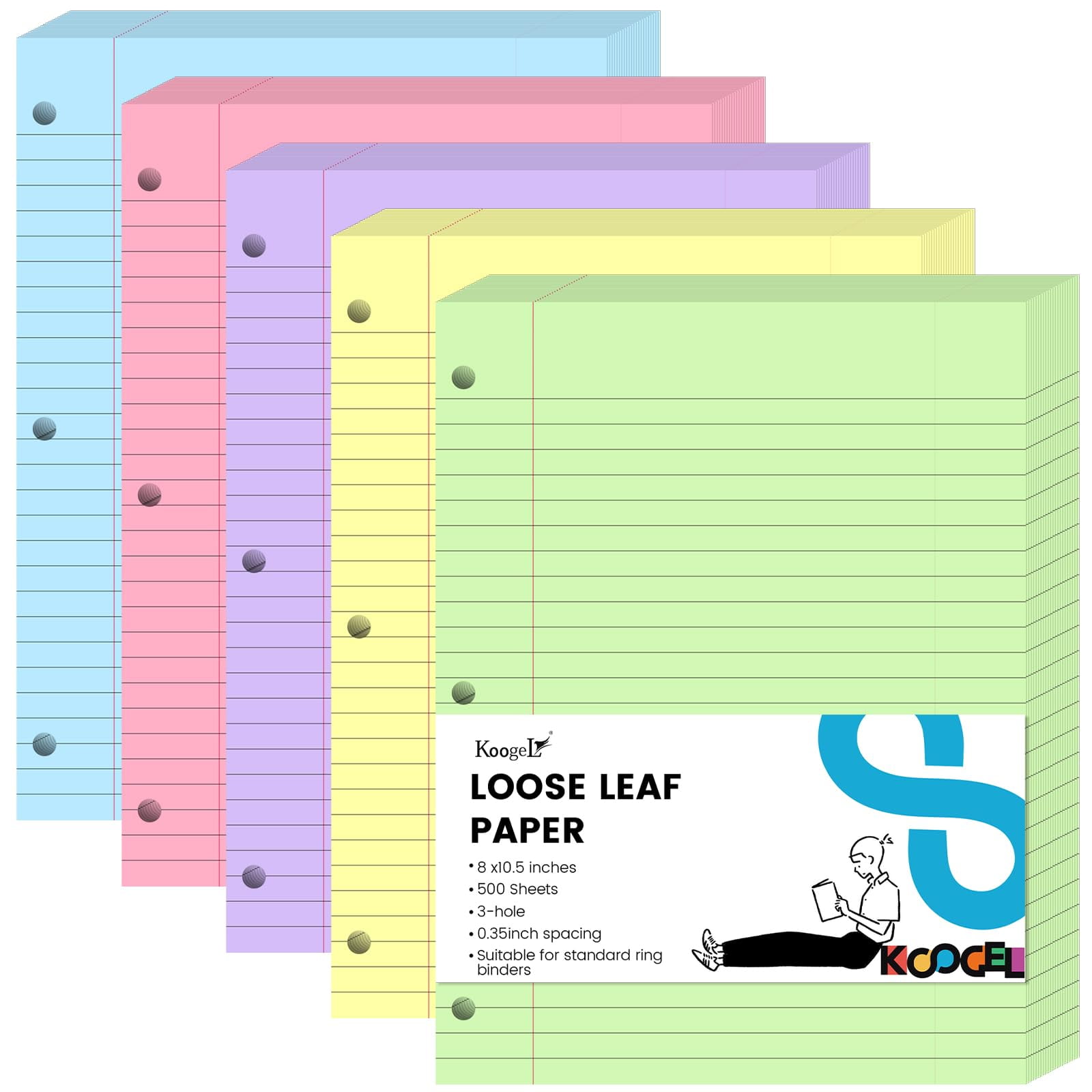 5-Color Loose Leaf Paper 500-Sheet Wide Ruled for Binders & Note-Taking ...