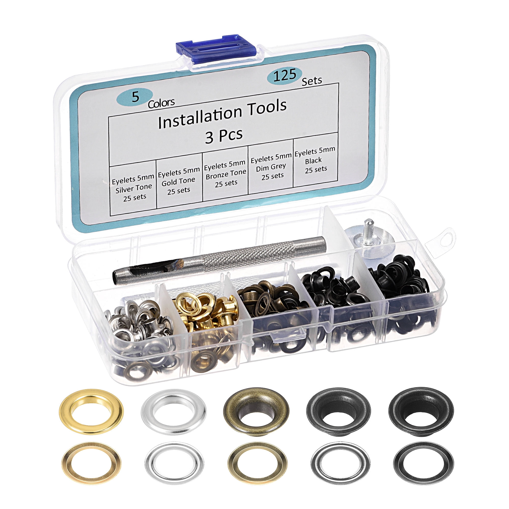 5 Colors 5mm Inside Dia. 125 Sets 3/16" Copper Grommet Kit with 3 ...