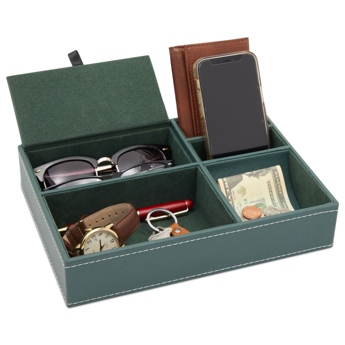 5 Compartment Emerald Green Leather Valet Tray for Wallet, Keys (10 x 7 ...