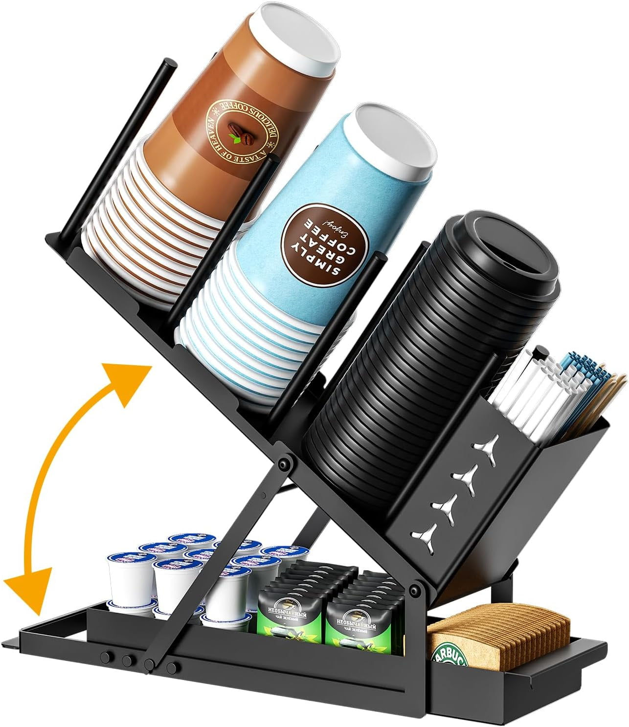 5-Compartment Metal Cup & Lid Organizer Coffee Station Dispenser with ...