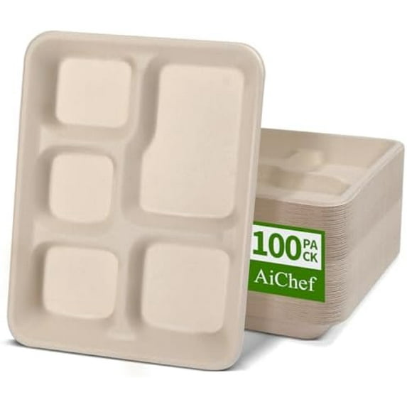 5 Compartment Paper Plates 100 Pack, 10 x 8 inch Disposable Lunch Trays ...