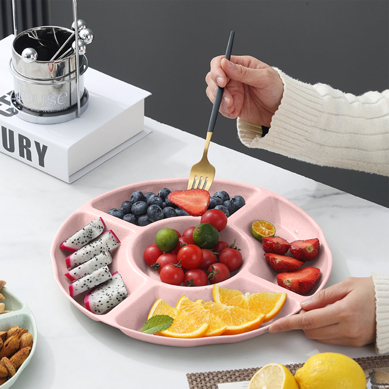 5-Compartment Round Serving Tray, Divided Sections, Sturdy Base, Easy ...
