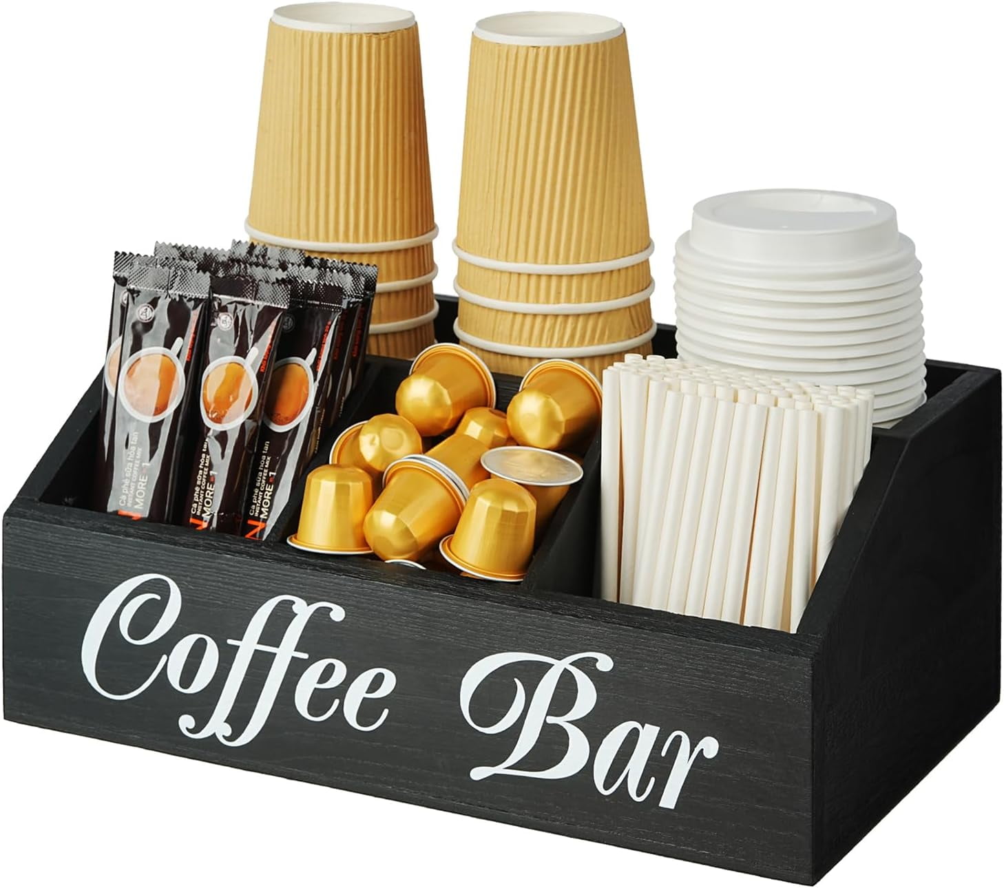5 Compartment Wood Coffee Bar Organzier, Countertop Storage for Cups ...