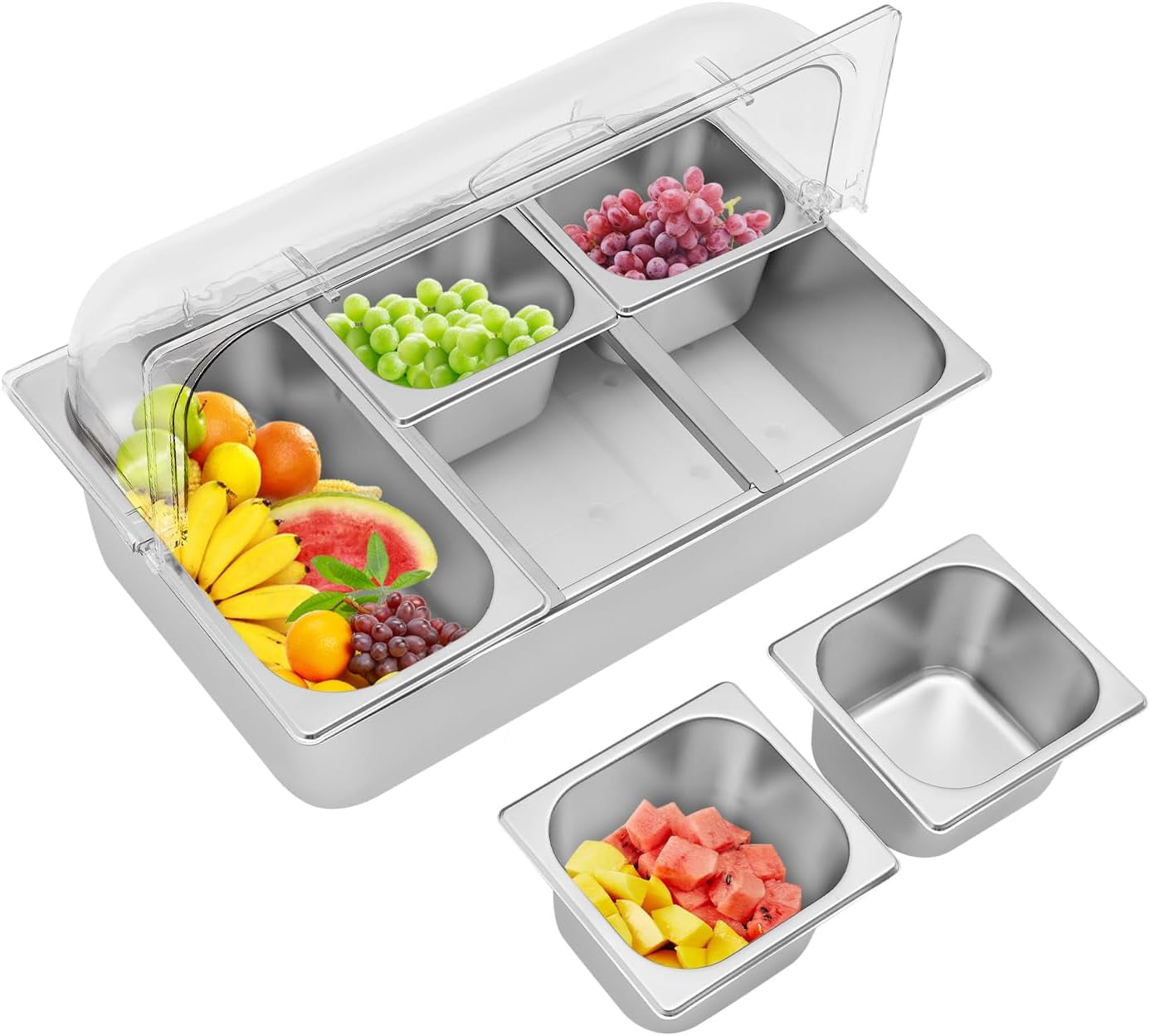 5 Compartments Condiment Dispenser with Lid, Pans, Clamps, Spoons and ...