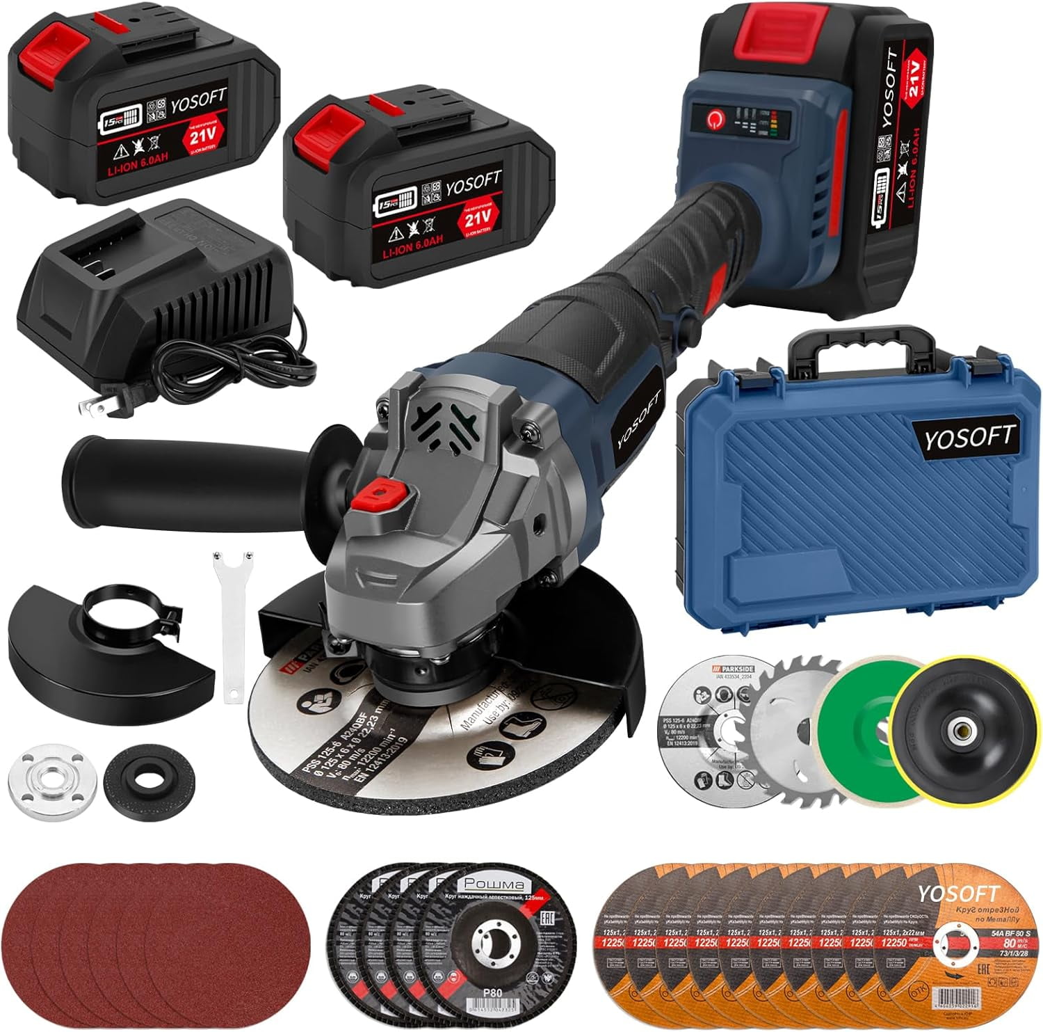 5" Cordless Angle Grinder Tool Set,2 * 6.0Ah Battery Powered Grinder ...