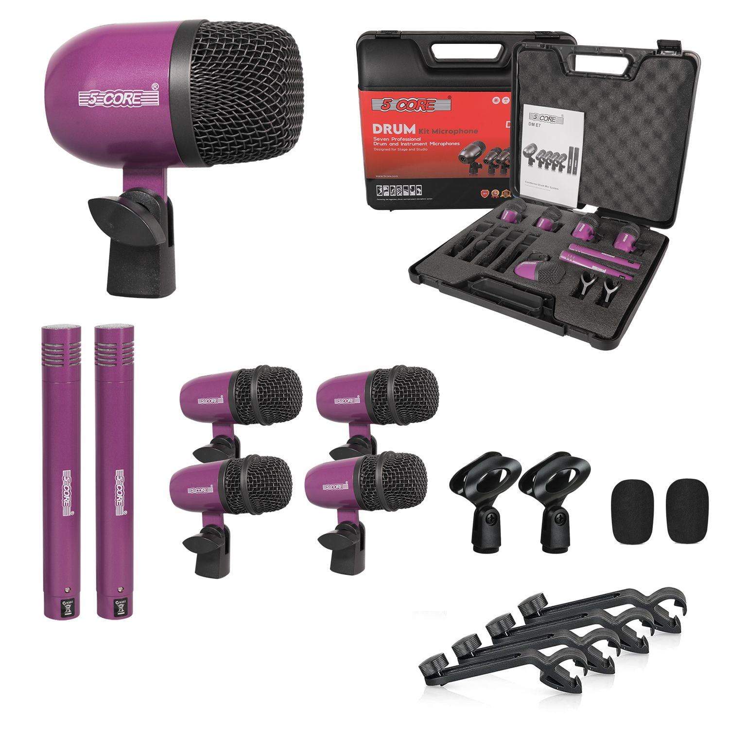 5 Core Drum Microphone Kit 7Pc All Metal Drummer Mics Tom/Snare ...