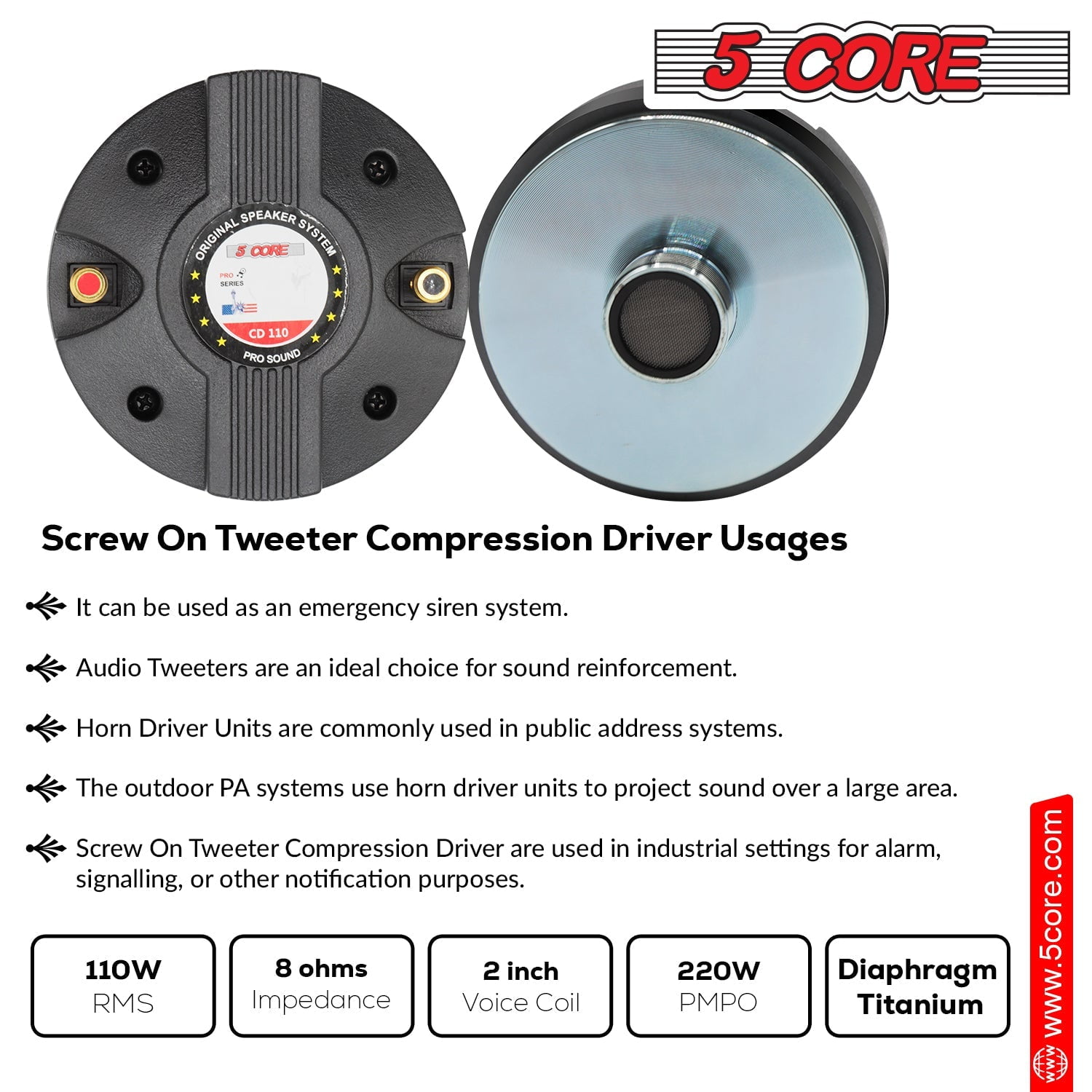 5 Core Compression Driver 2Pc 1″ PA Horn Tweeter Pro Audio 1600W 1.75 ...