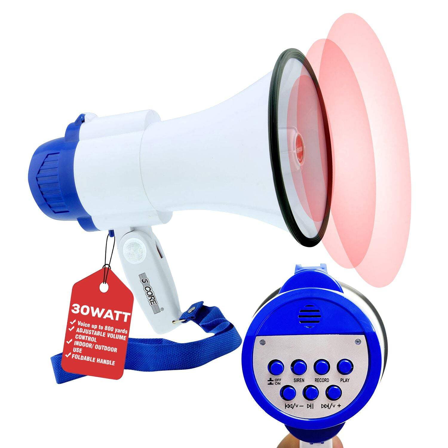5 Core Megaphone Bull Horn 30W Loud Speaker 800 Yards Range Rechargeable Portable USB Bullhorn w ...