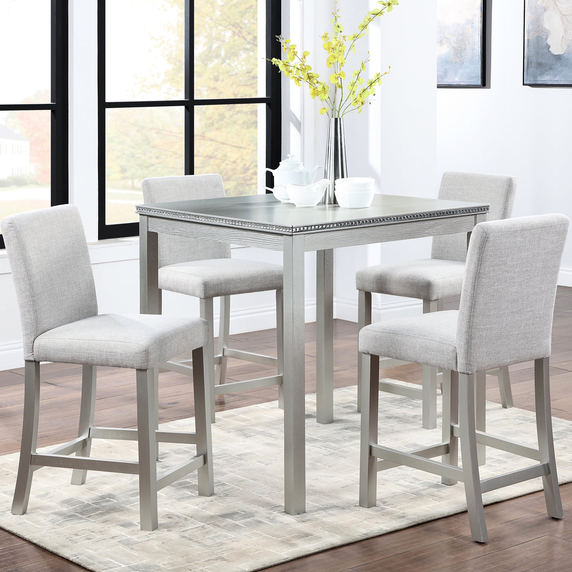 5 Counter Height Dining Setup In Silver Grey With Relaxing Chair Padding Collection Comfy Chairs ...