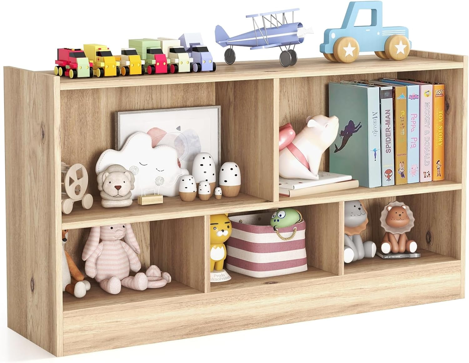 5 Cubby Bookshelf, Wooden 2-Layer Bookcase Storage Cabinet, Toy Shelf ...