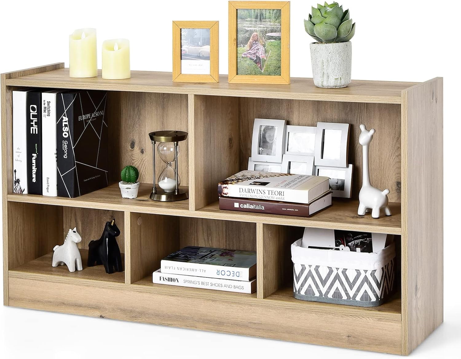 5 Cube Bookcase, 2 Tier Wooden Storage Open Bookshelf, Multipurpose ...