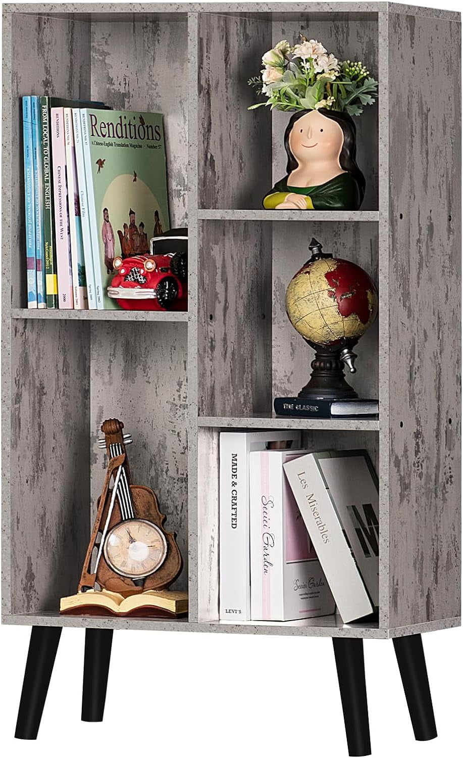 5 Cube Small Bookshelf,3 Tier Mid-Century Bookcase with Legs,Wood ...