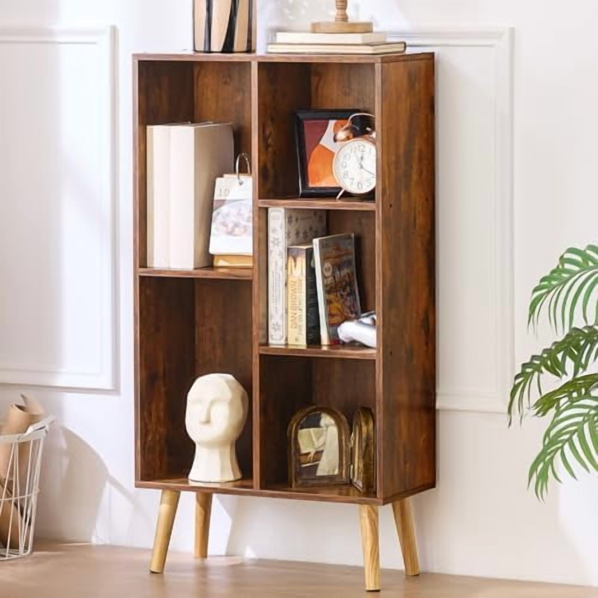 5 Cube Small Bookshelf,3 Tier Mid-Century Bookcase with Legs,Wood Bookshelves Storage Organizer ...