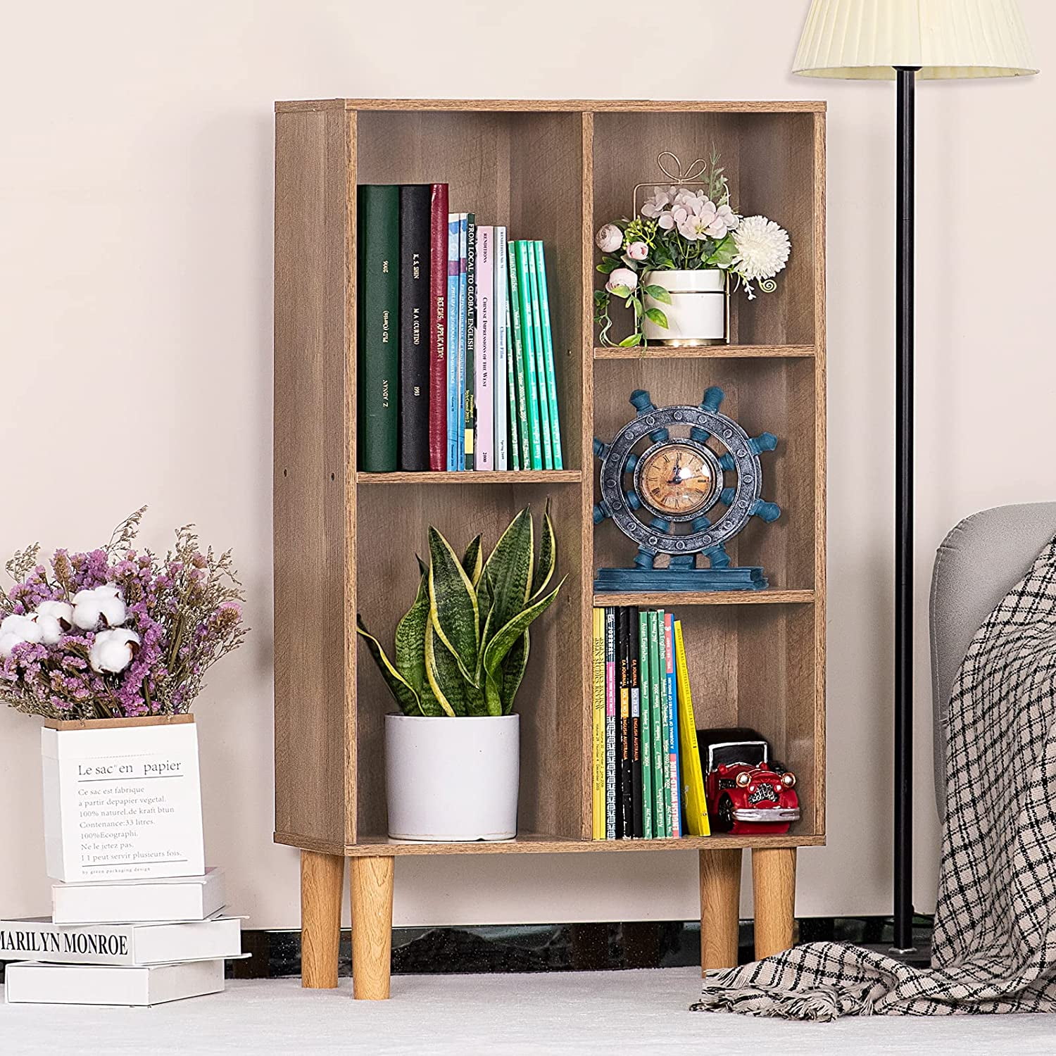 5 Cube Small Bookshelf,3 Tier Mid-Century Modern Bookcase with Legs ...