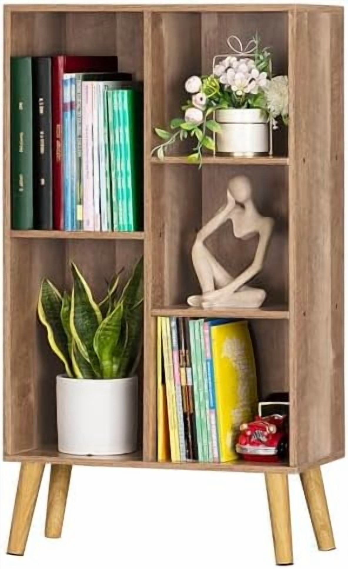 5 Cube Small Bookshelf,3 Tier Mid-Century Modern Bookcase with Legs ...