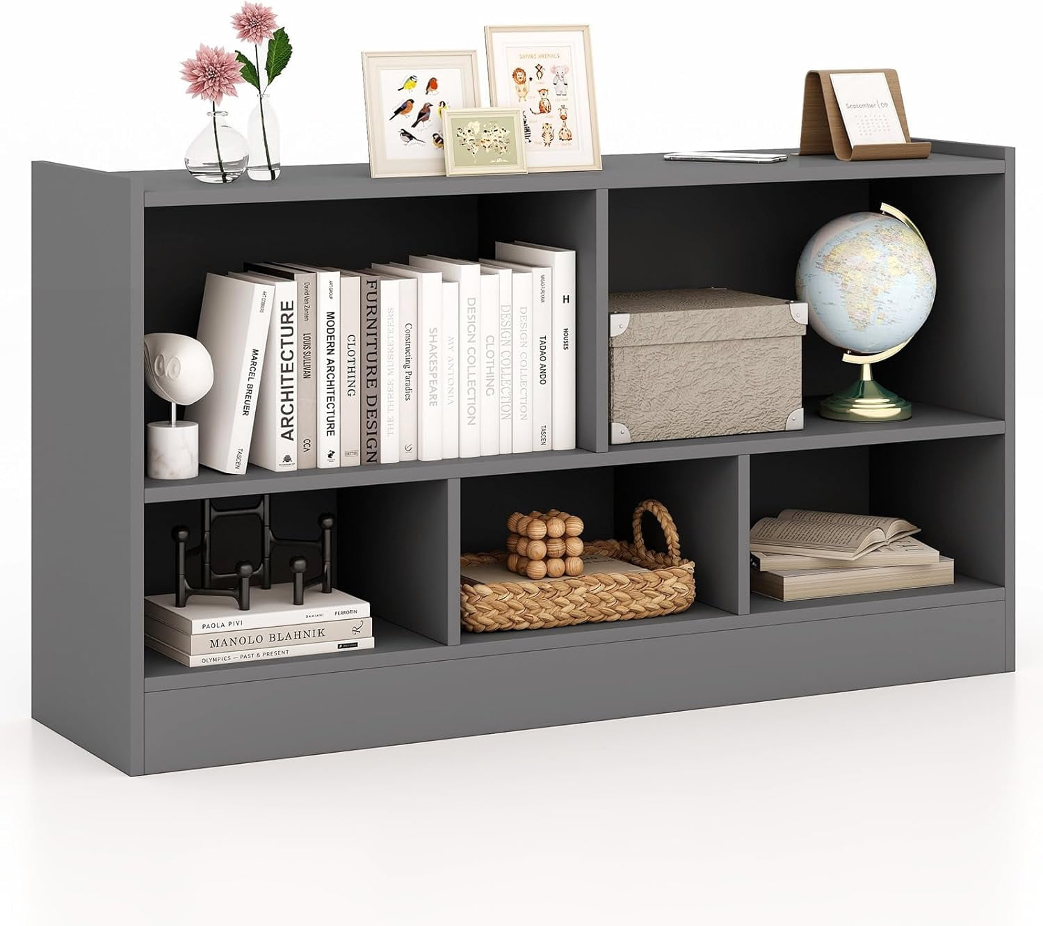 5 Cube Storage Organizer, 2-Tier Horizontal Bookshelf, Wooden Display ...