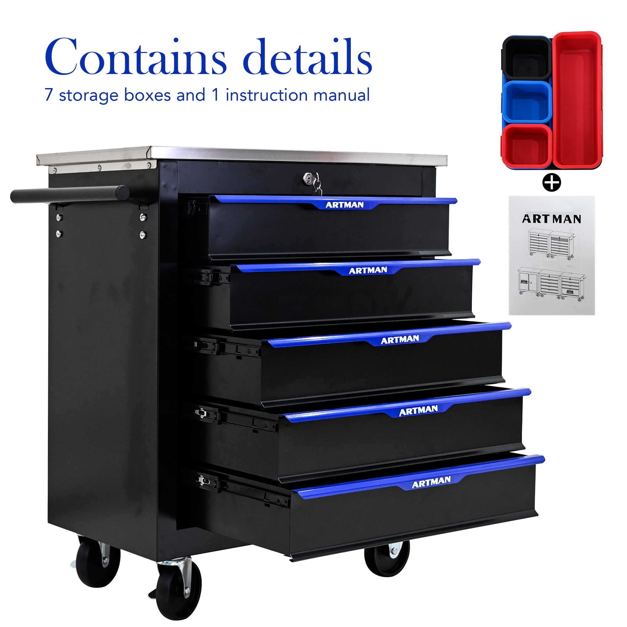 5 DRAWERS MULTIFUNCTIONAL TOOL CART WITH WHEELS-BLACK+BLUE - Walmart.com