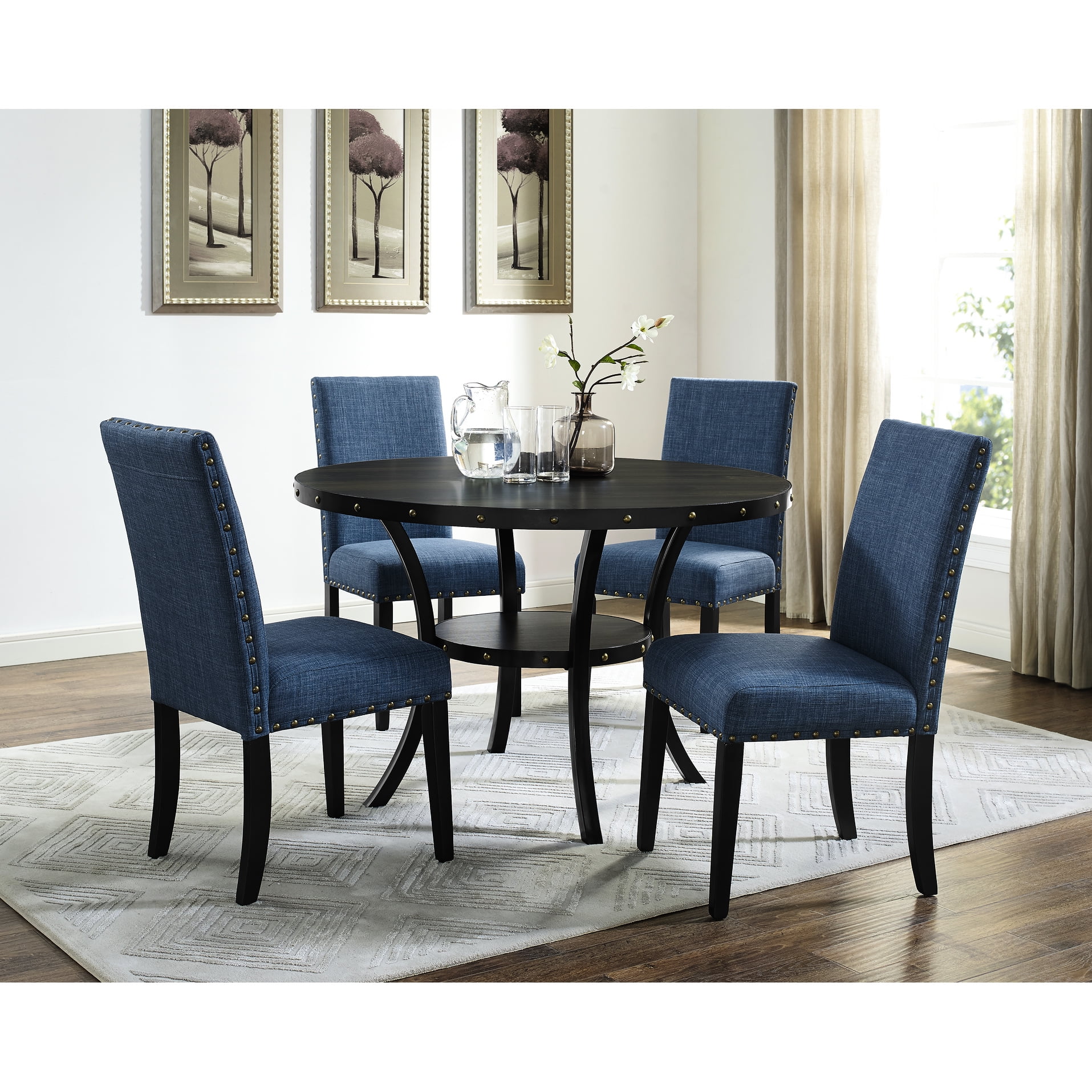 5 Dining , Blue Fabric Chairs With Nailhead Trim, Round Wooden Table ...