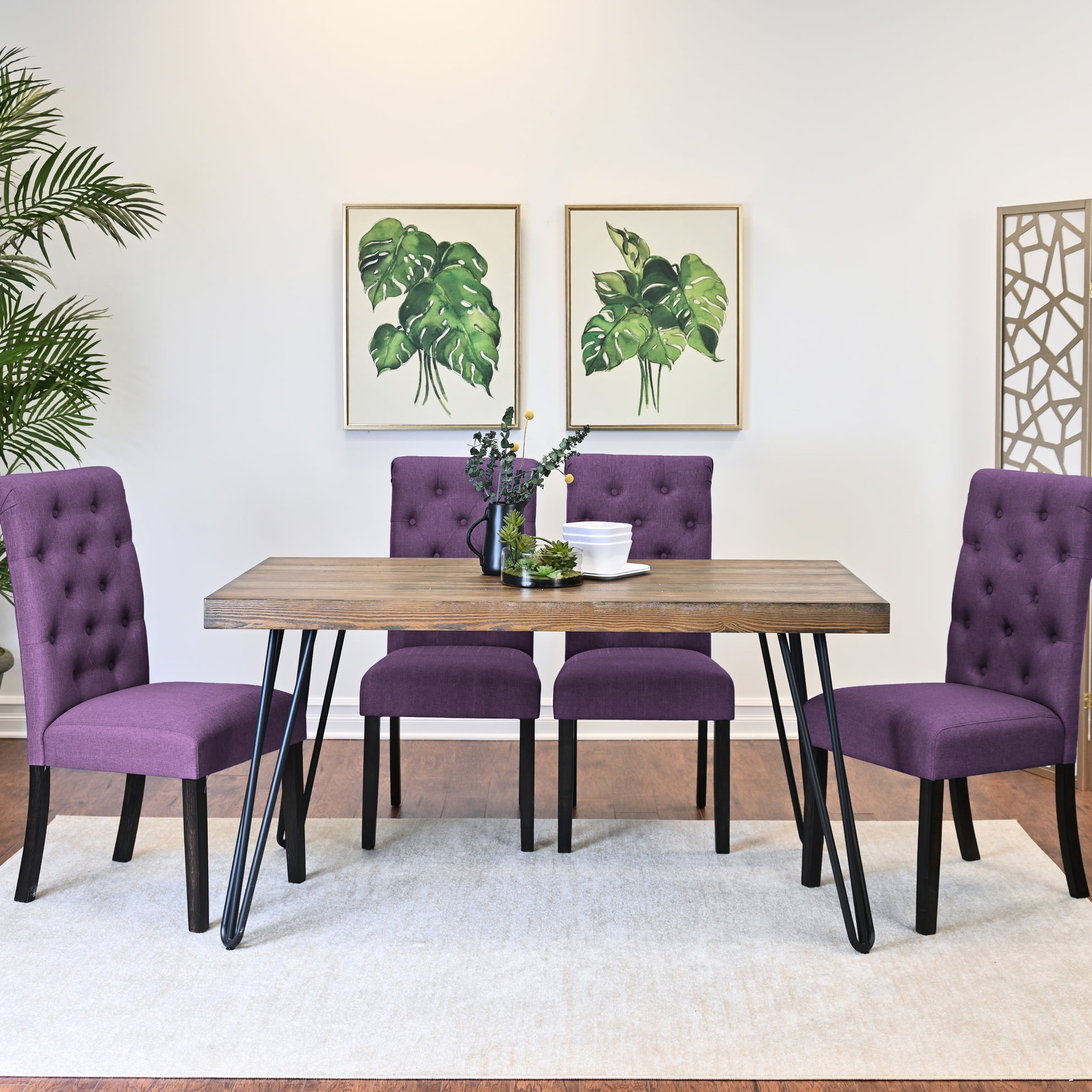 5 Dining By : Rectangular Metal Base Table, 4 Button- Chairs, Seats ...