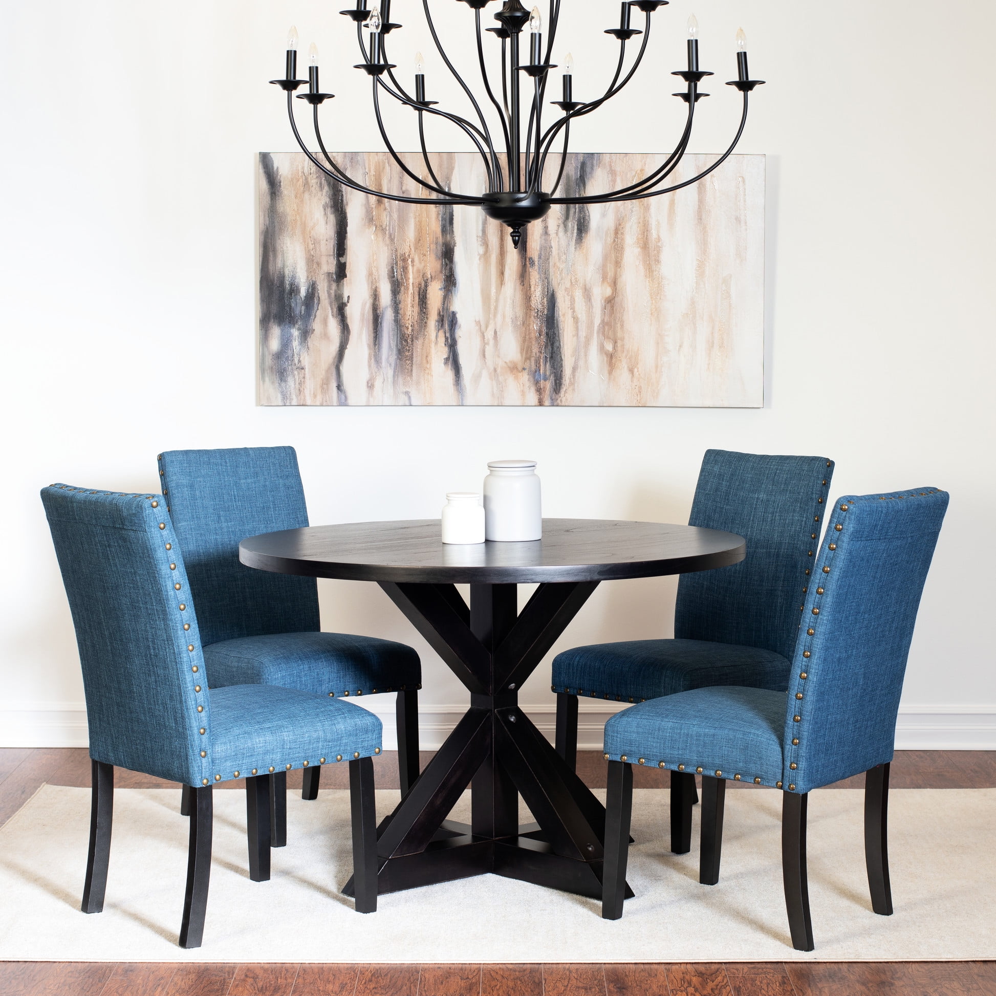5 Dining , Chic Round Table With 4 Stylish Chairs, Black Cross-buck ...