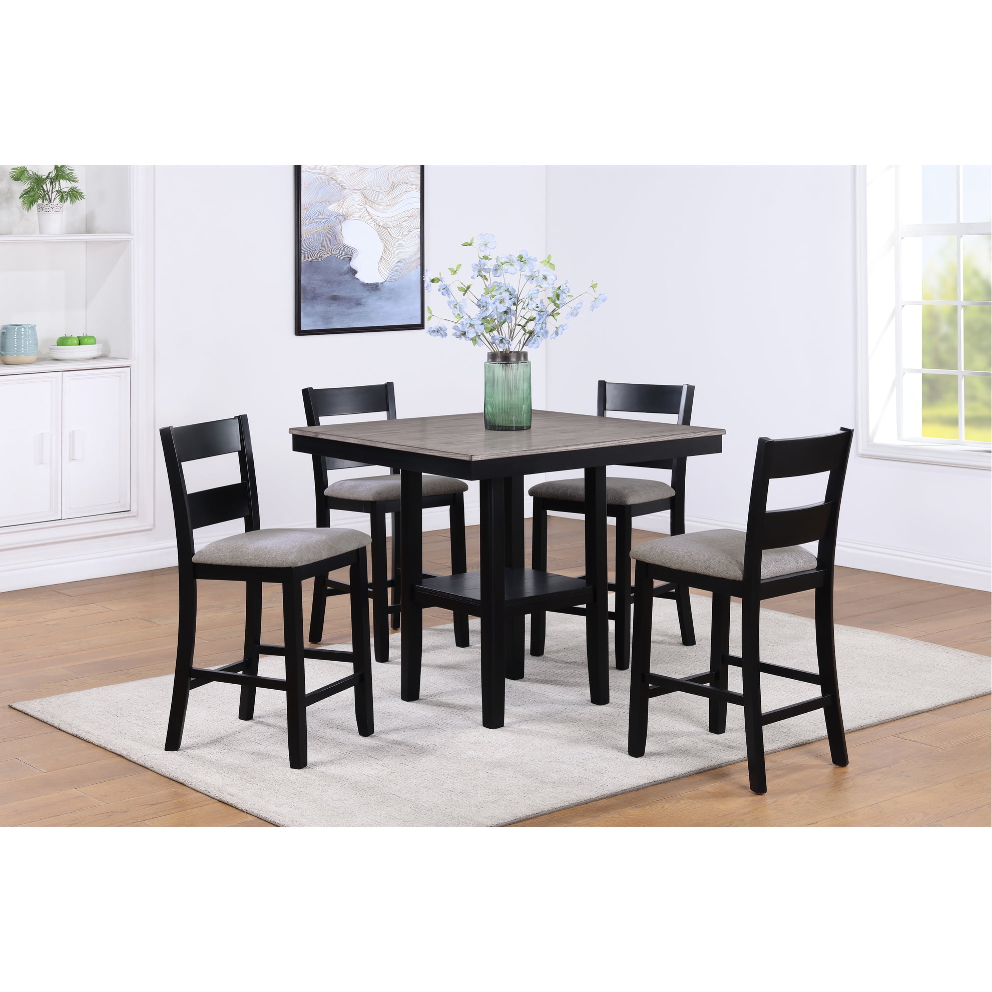 5 Dining , Counter Height Square Table With Back Chairs, Black And Gray ...
