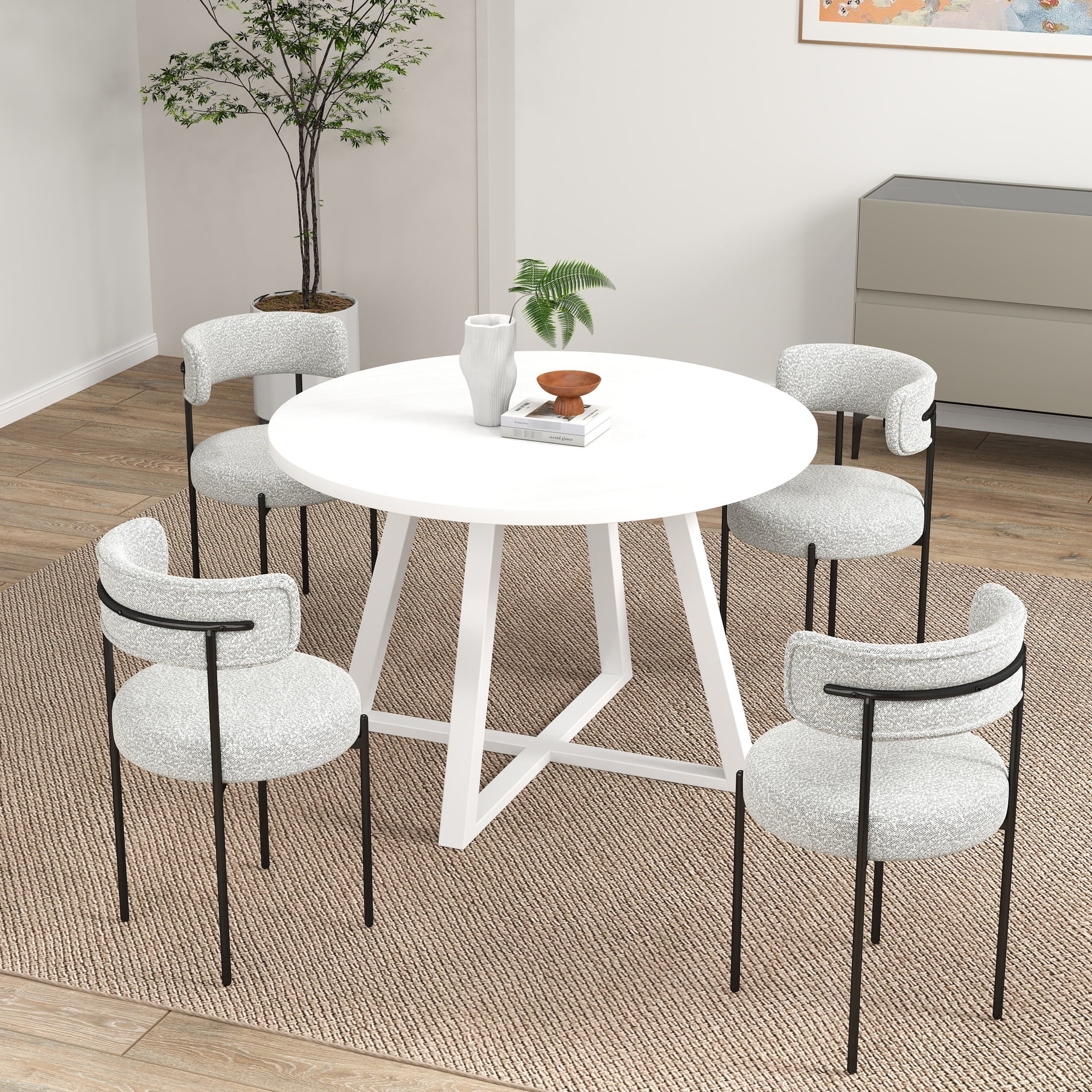 5 Dining Ensemble: Round Trestle Table & 4 Boucle Chairs - Modern Must ...