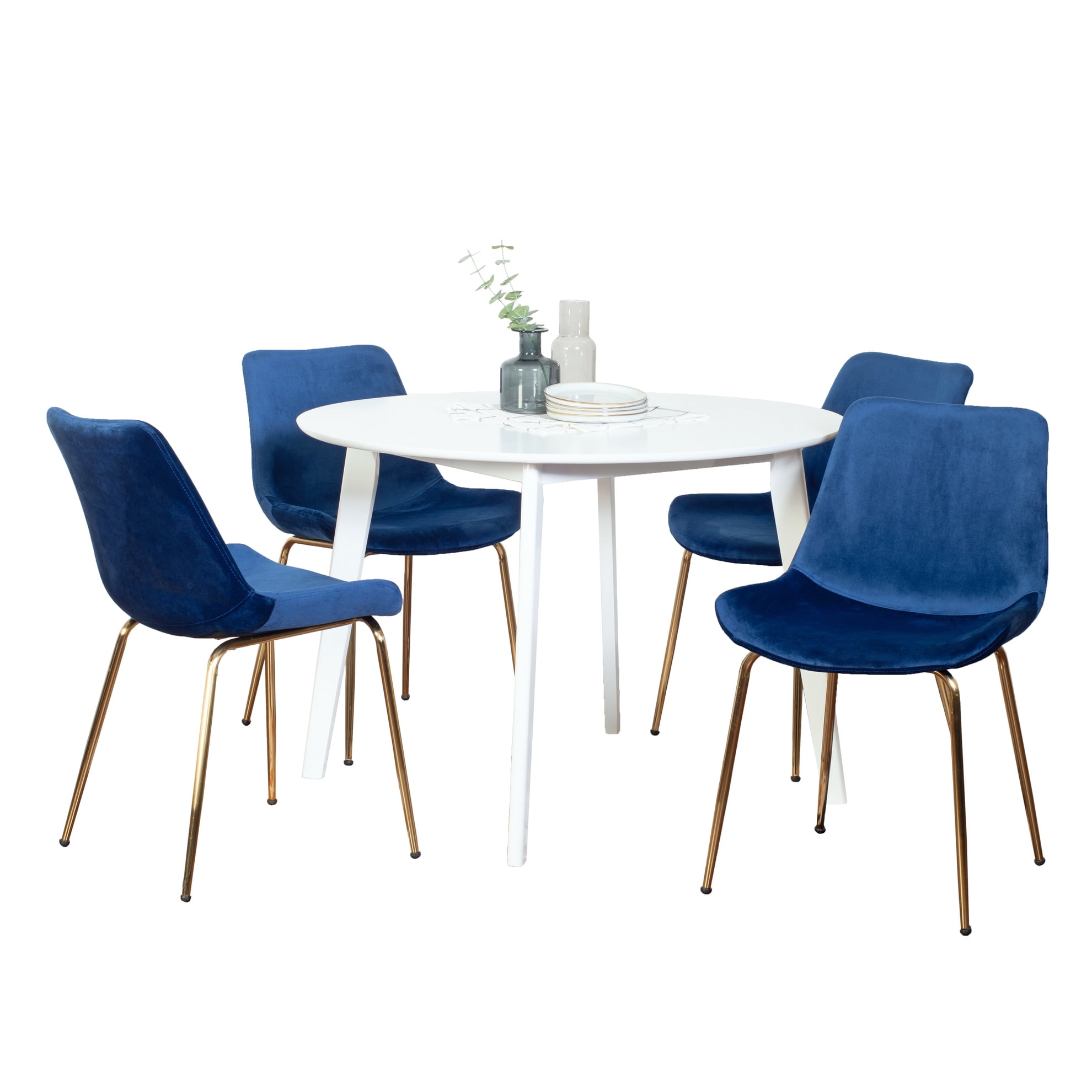 5 Dining Ensemble - White Round Table And 4 Comfortable Chairs ...