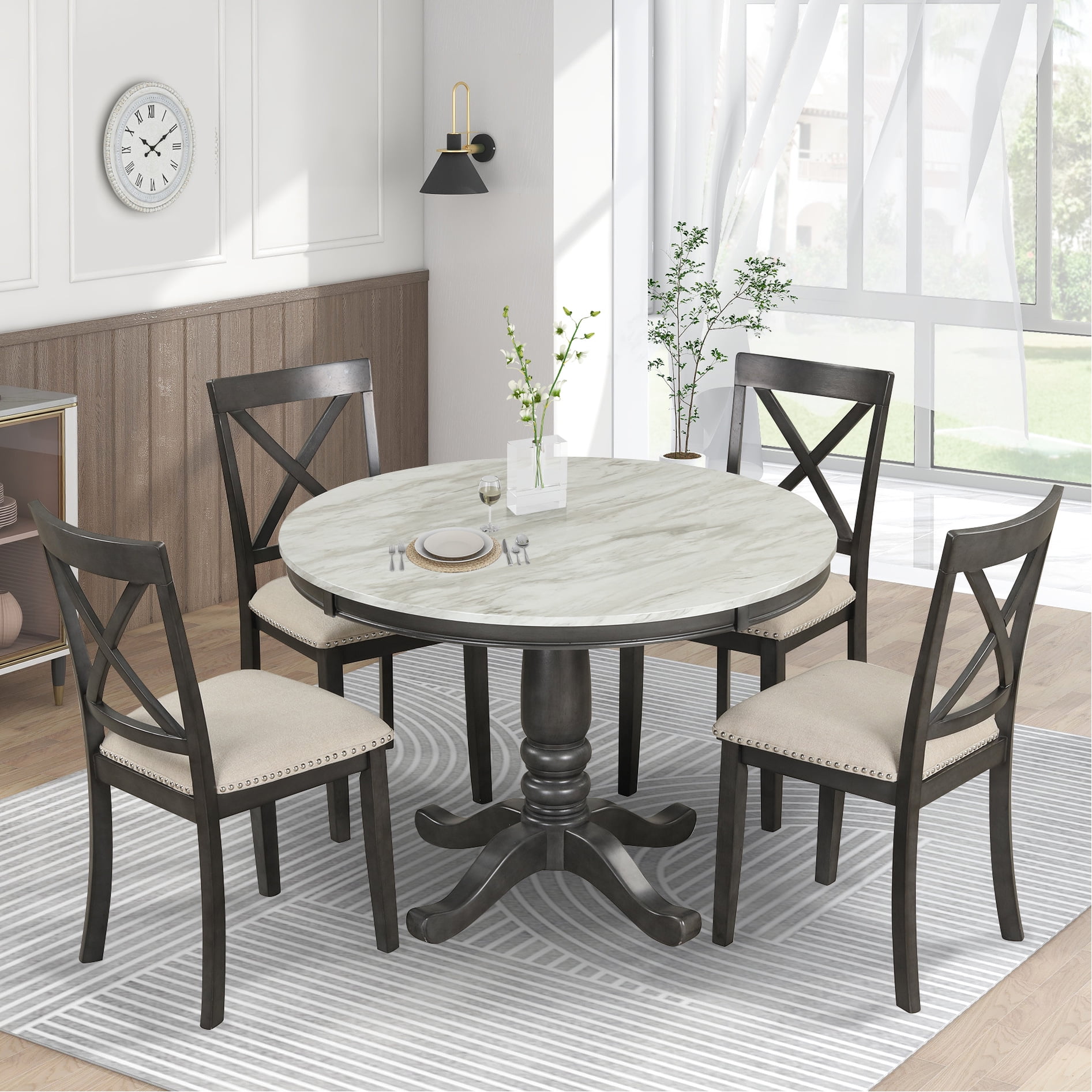 5 Dining For 4, Modern Solid Wood Table In Gray, & Faux Marble ...