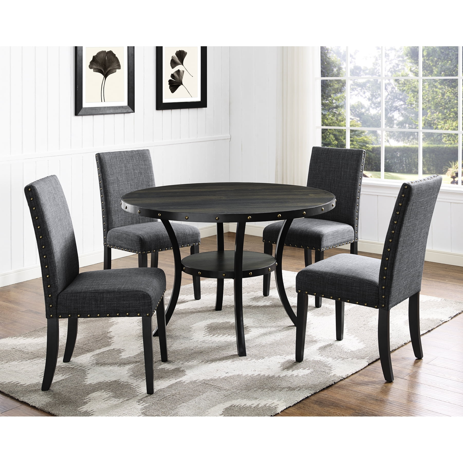 5 Dining , Gray Fabric Nailhead Chairs Included, Round Table With ...