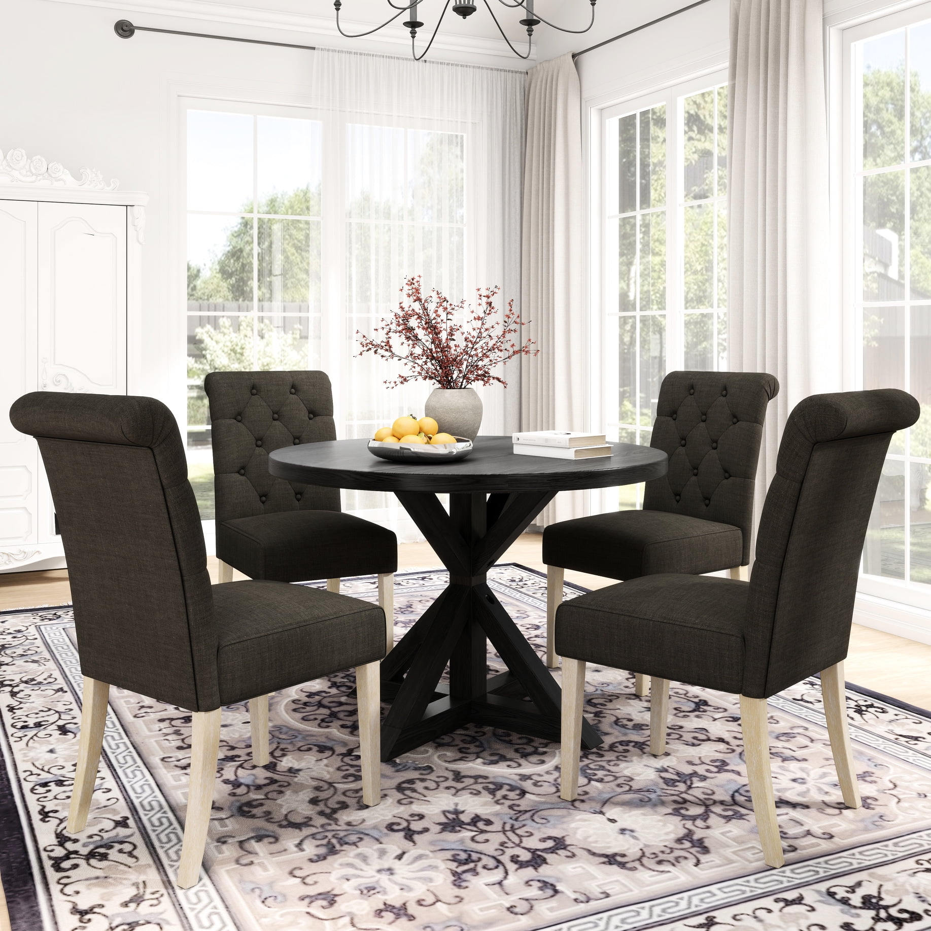 5 Dining: Modern Round Table & 4 Chairs, Black With Chairs - Walmart.com