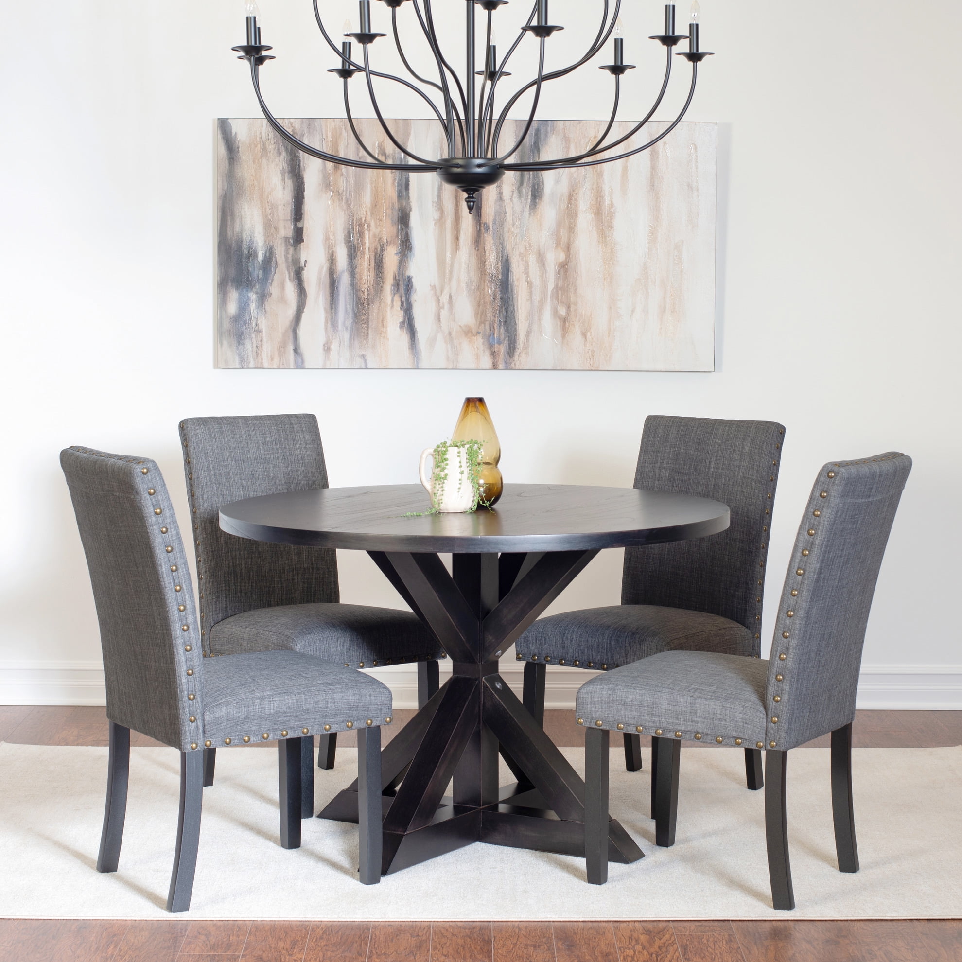 5 Dining , Timeless Round Table And 4 Seats, Cross-buck Pedestal, Elegant Stylish Stable Base ...