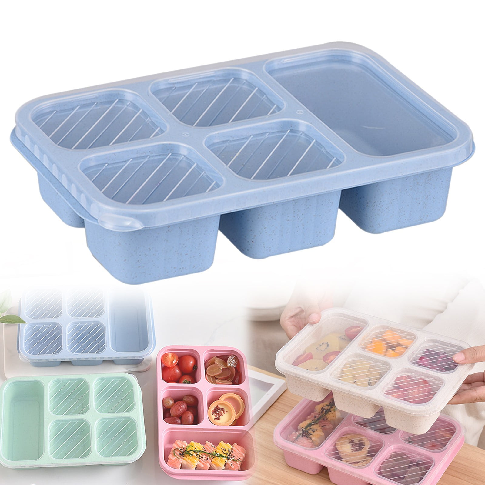 5 Divided Compartments Snack Containers Wheat Straw Snack Box with Lid ...