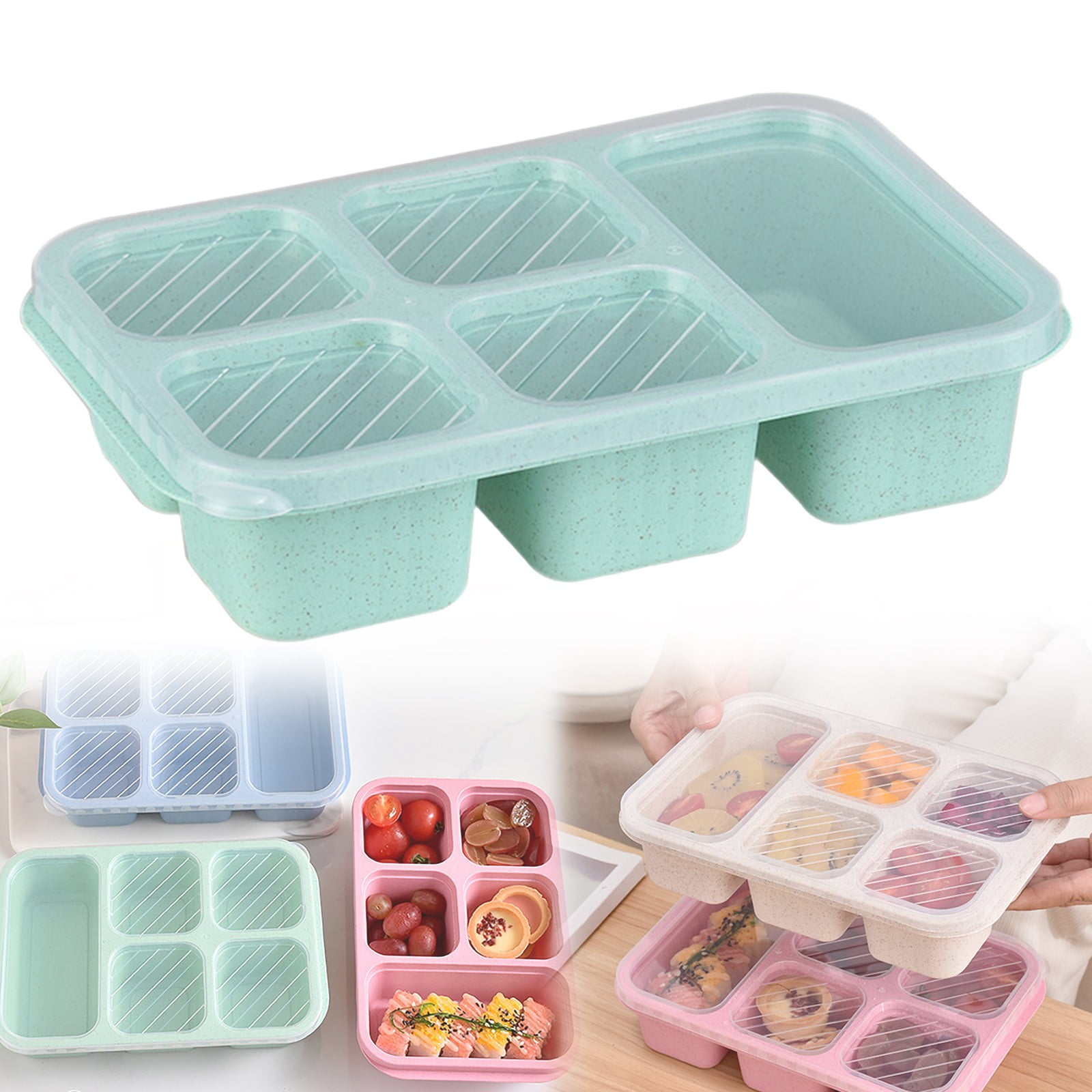 5 Divided Compartments Snack Containers Wheat Straw Snack Box with Lid ...