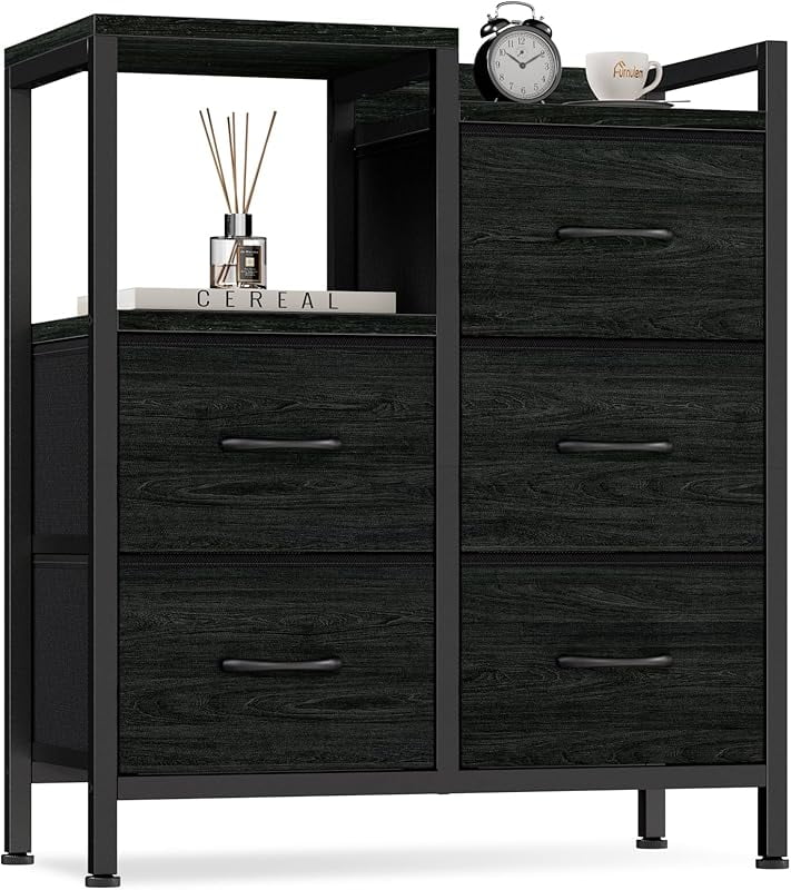 5 Drawer Black Dressers for Bedroom 2 Tier Shelf Storage Small Fabric ...