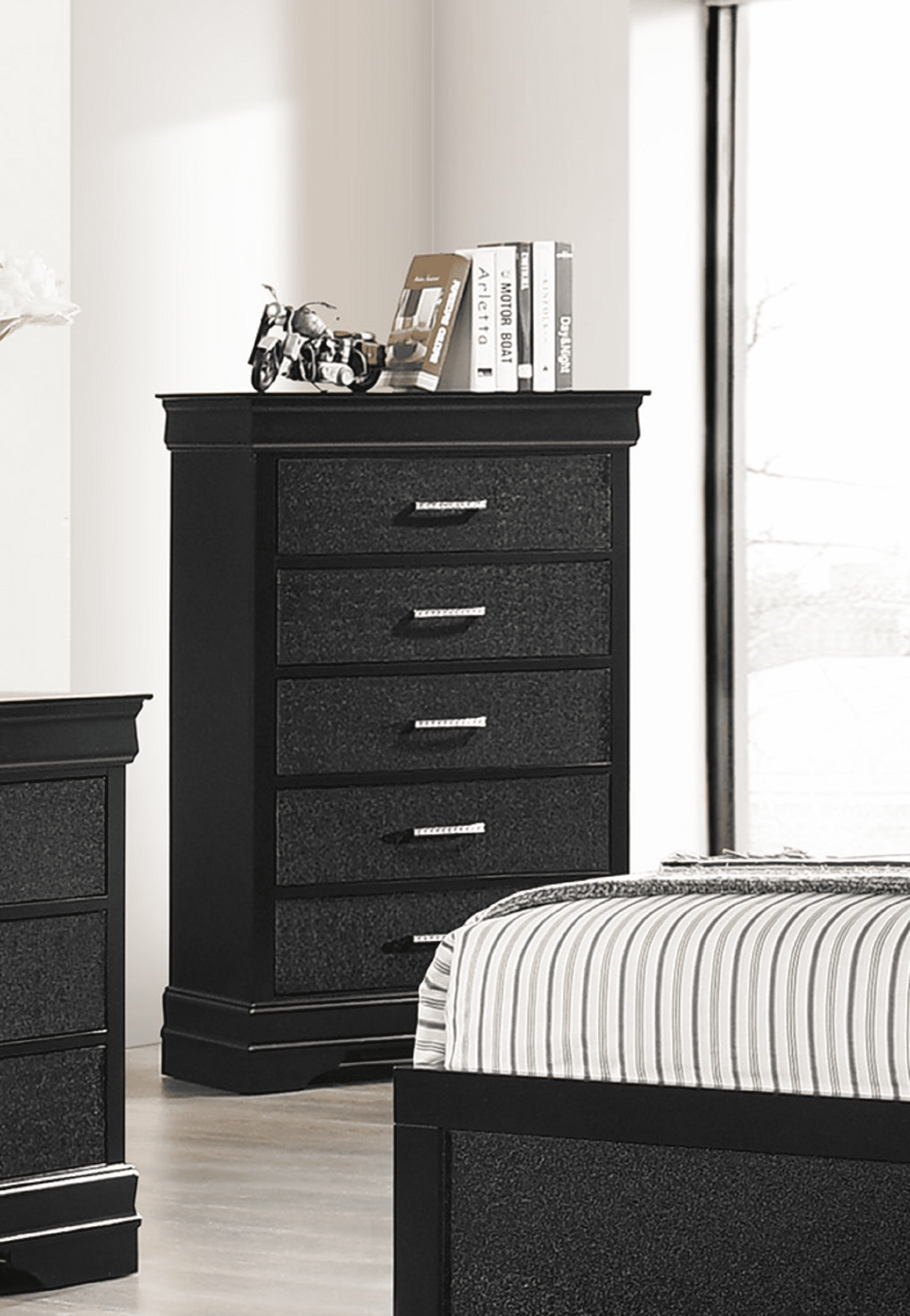 5 Drawer Chest, Modern Black Chest of Drawers with Crocodile Texture ...