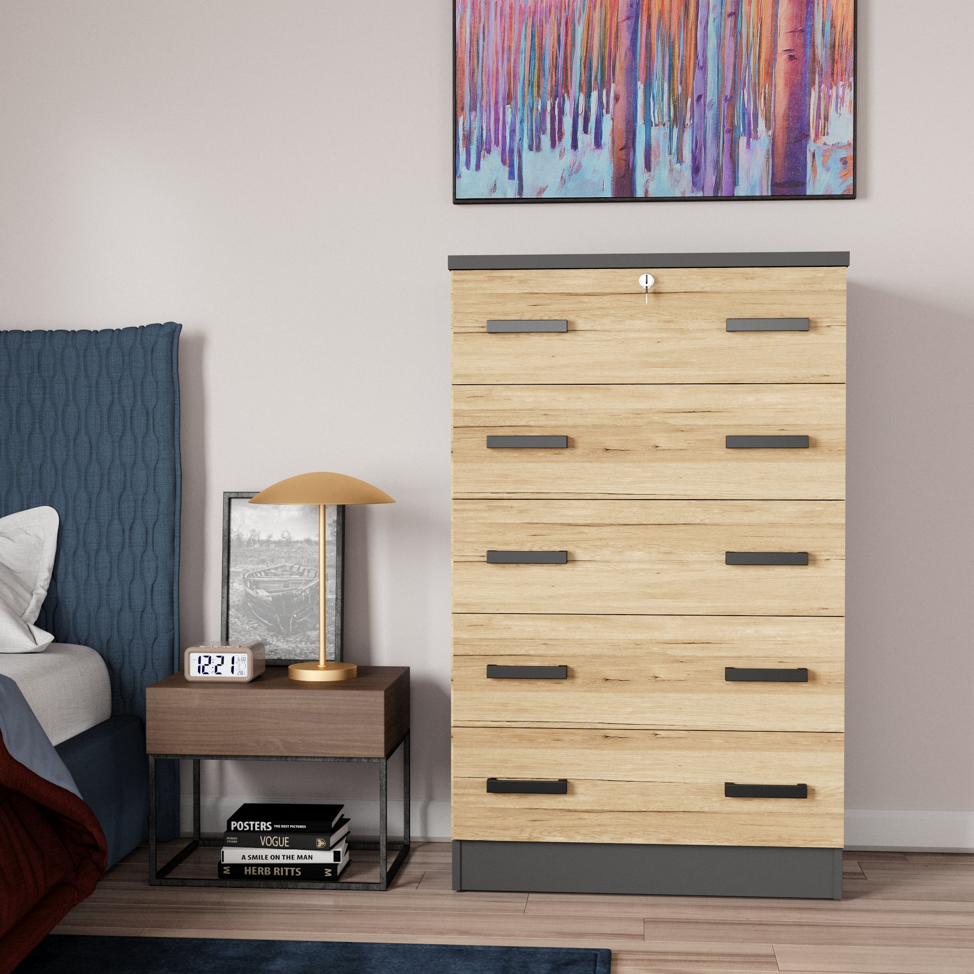 5 Drawer Chest Wooden Dresser with Lock - Walmart.com