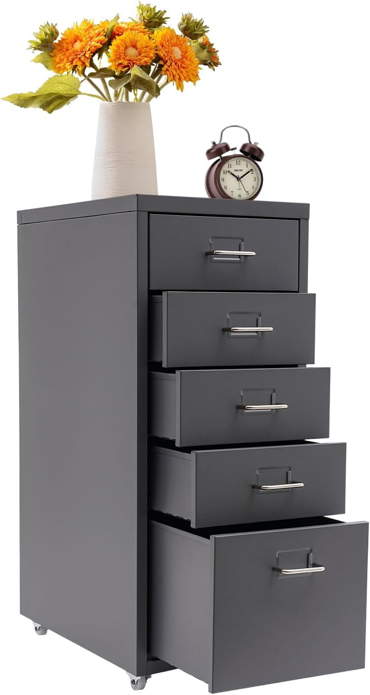 5 Drawer Under Desk File Cabinet, Metal Filing Storage Vertical Cabinets with Wheels for ...